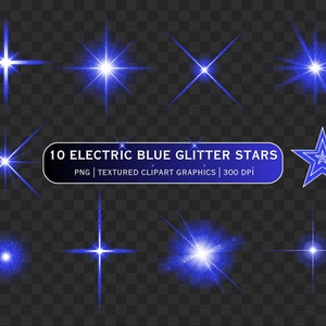 Blue Glitter Star Clipart Set of Glowing Sparkle PNG, Neon Electric ...