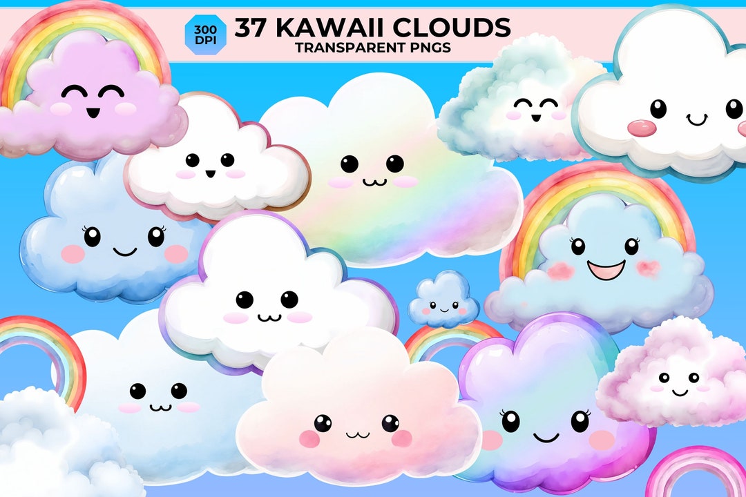 Cute Clouds Clipart, Kawaii Cloud PNG Set of Watercolour Happy Clouds ...