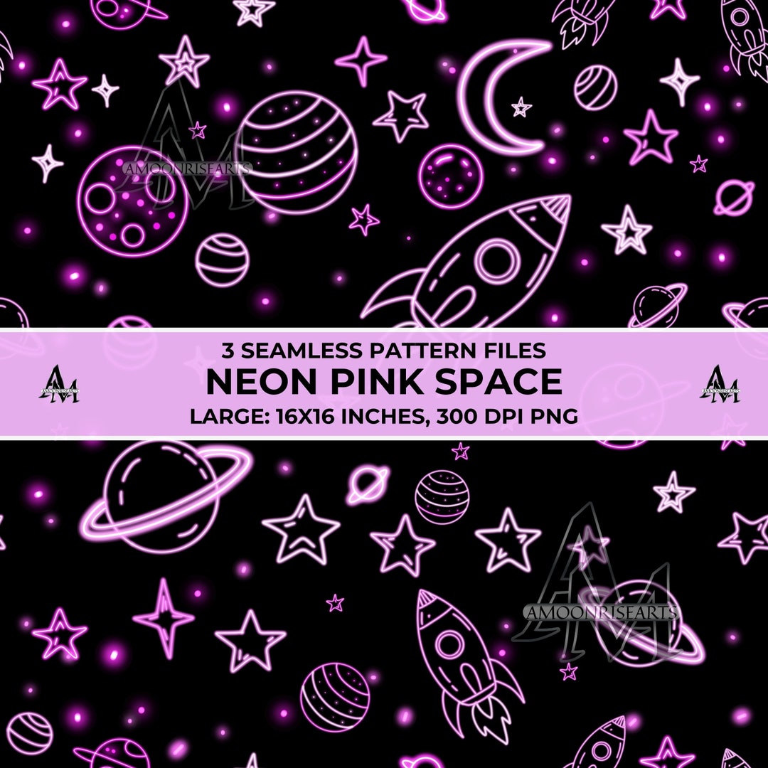 Pink Space Seamless Pattern, Glowing Neon Pink Seamless Digital Paper ...