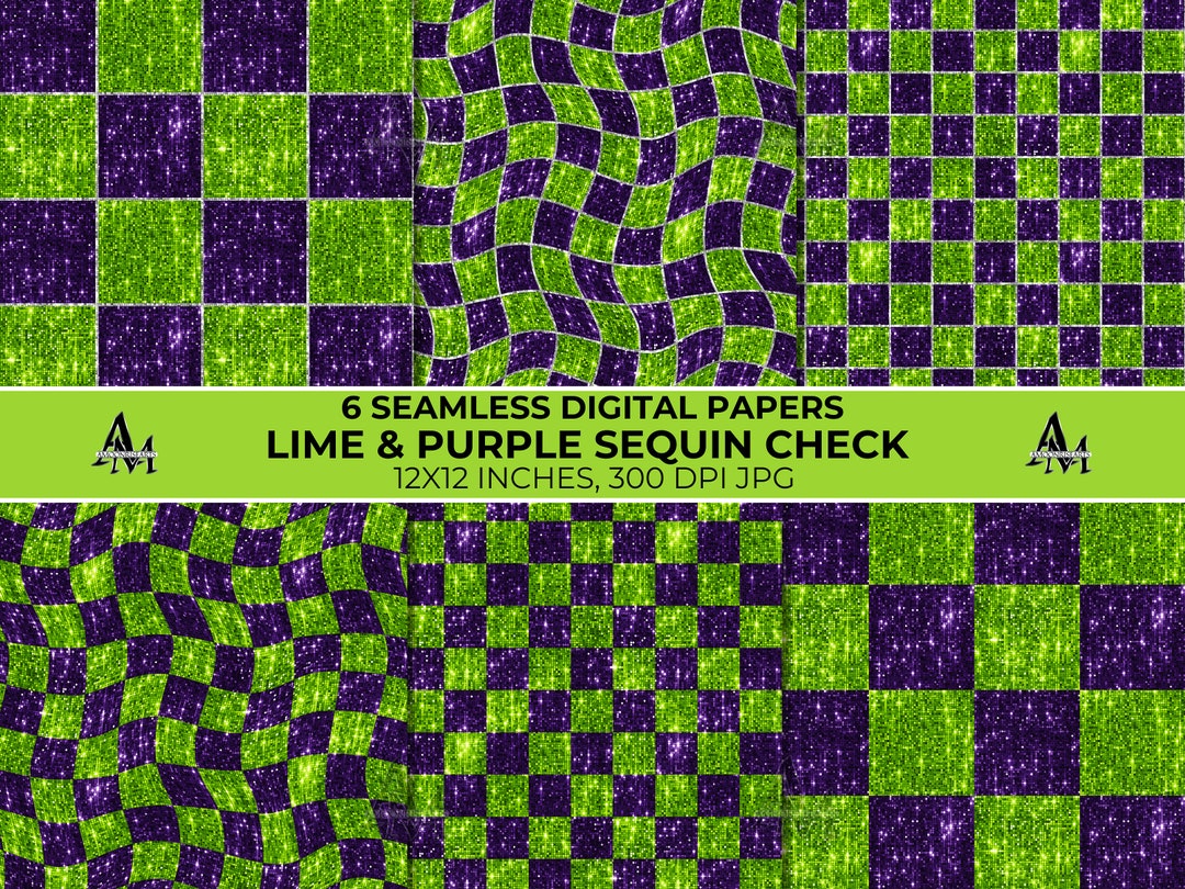 Purple & Green Check Sequin Digital Paper, Bright Green Purple ...