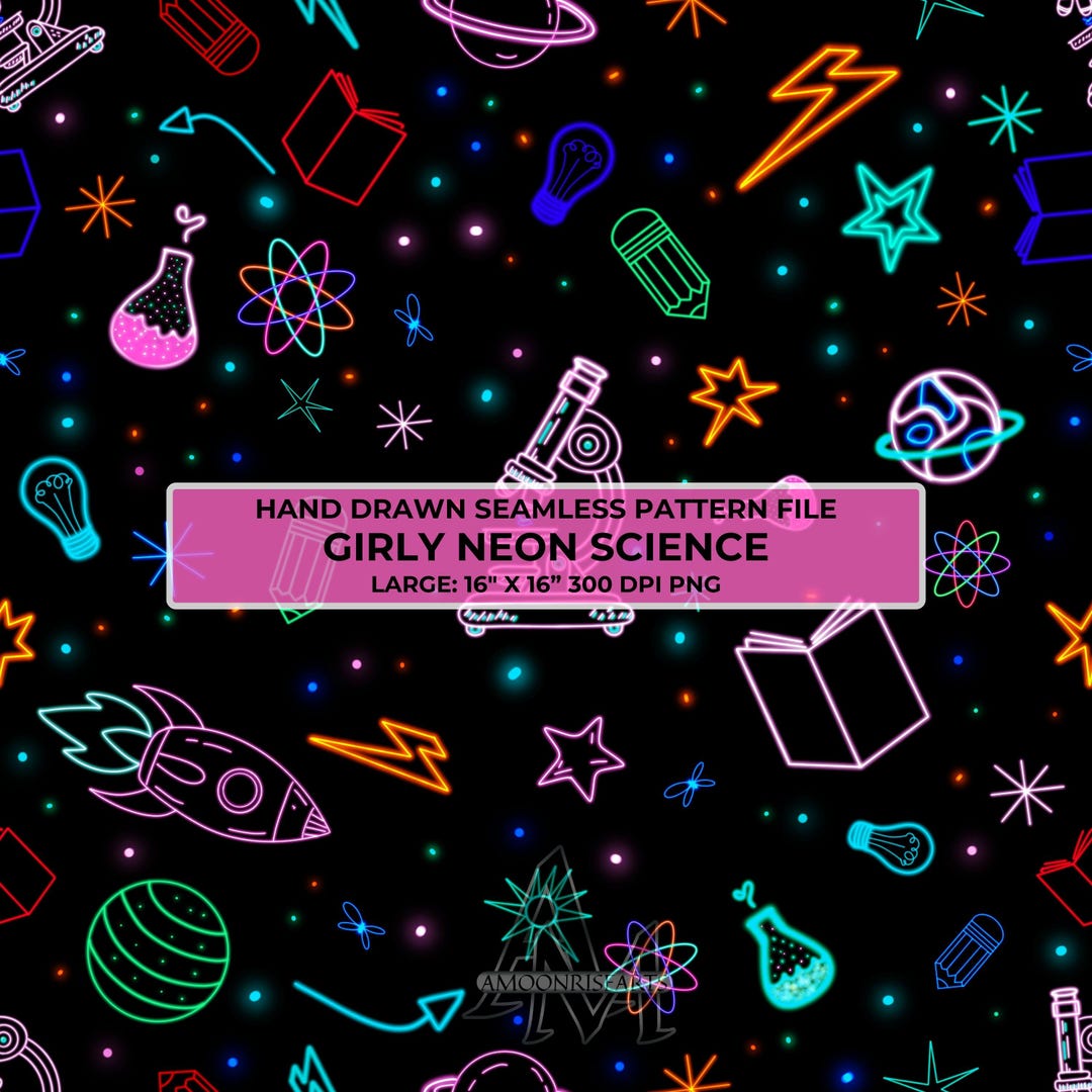 Girly Neon Science Seamless Pattern, Cute Glowing Space Digital Paper ...