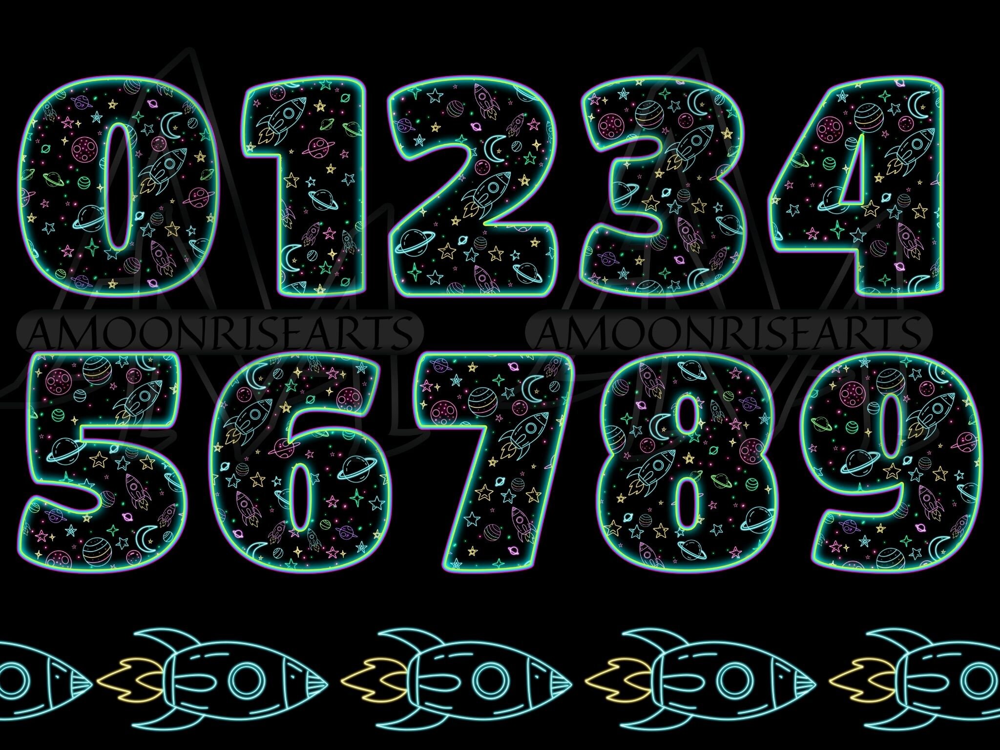 Neon Space Alphabet PNG Set of Glowing Galaxy Letters & Number Clipart ...