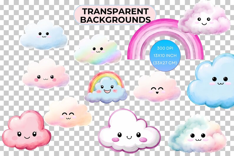 Cute Clouds Clipart, Kawaii Cloud PNG Set of Watercolour Happy Clouds ...