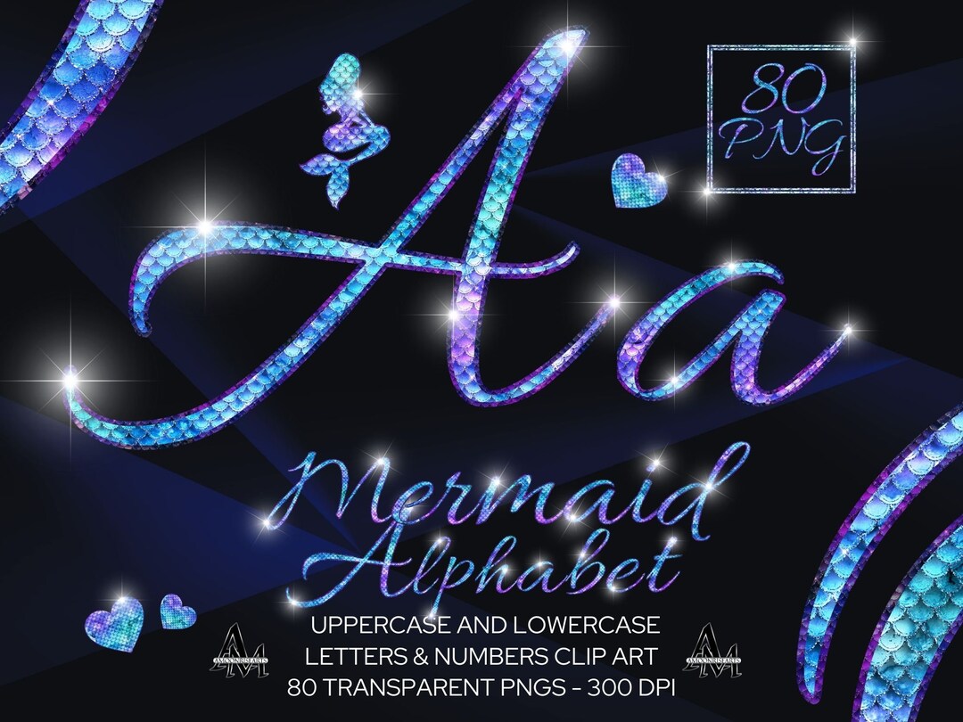 Mermaid Alphabet Clipart, Sparkly Mermaid Scale Letter and Number ...