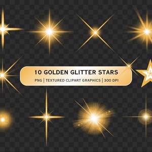 Gold Glitter Star Clipart Set of Glowing Sparkle PNG, Yellow Golden ...