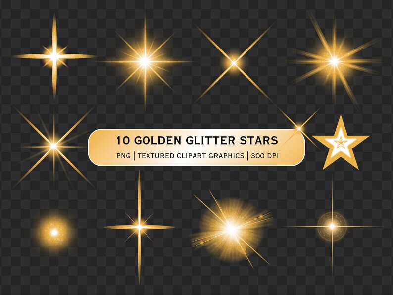 Gold Glitter Star Clipart Set of Glowing Sparkle PNG, Yellow Golden ...