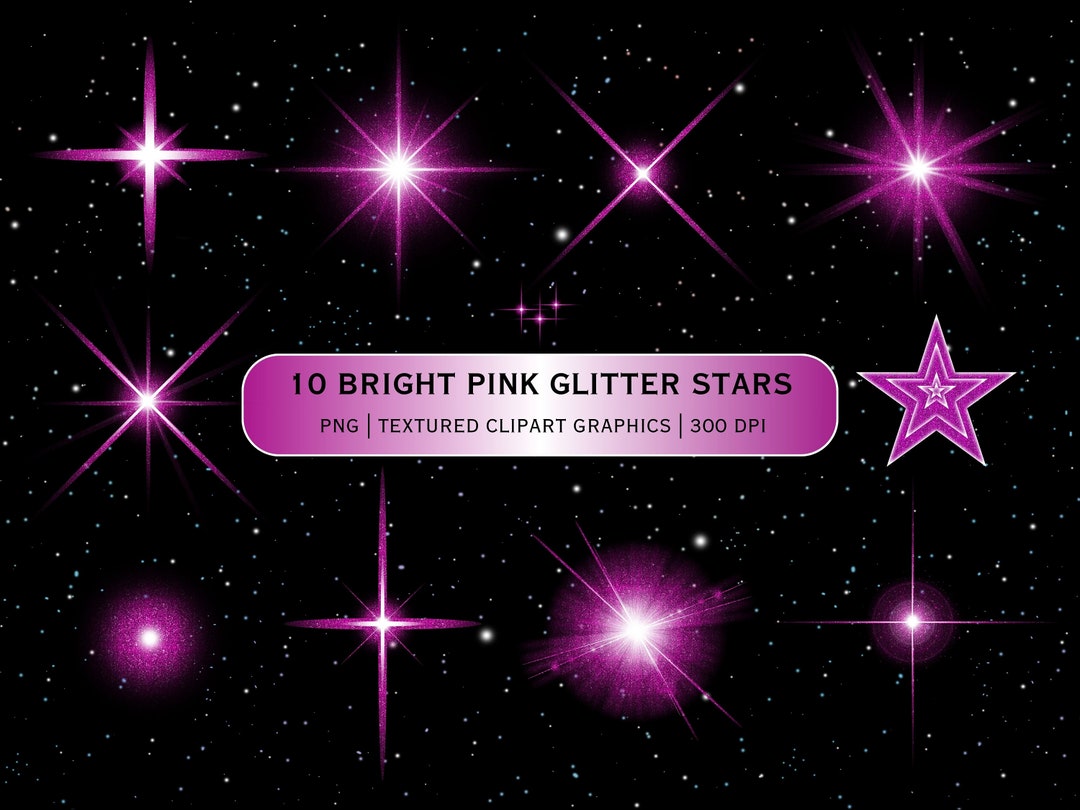 Pink Glitter Star Clipart Set of Glowing Sparkle PNG, Bright Hot Pink ...