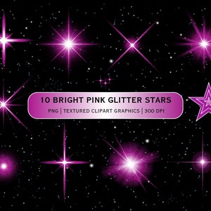 Pink Glitter Star Clipart Set of Glowing Sparkle PNG, Bright Hot Pink ...