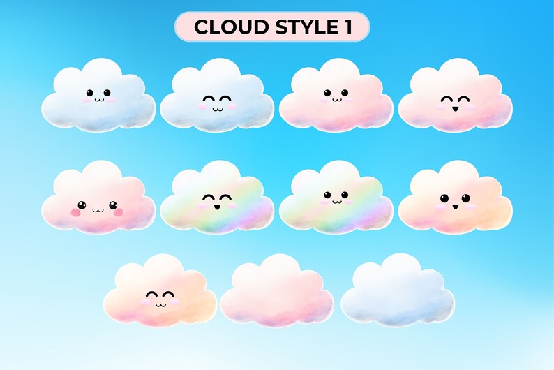 Cute Clouds Clipart, Kawaii Cloud PNG Set of Watercolour Happy Clouds ...
