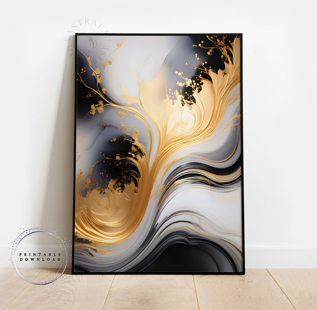 Gold Marble Wall Art With Black and White, Abstract Marble Fluid ...