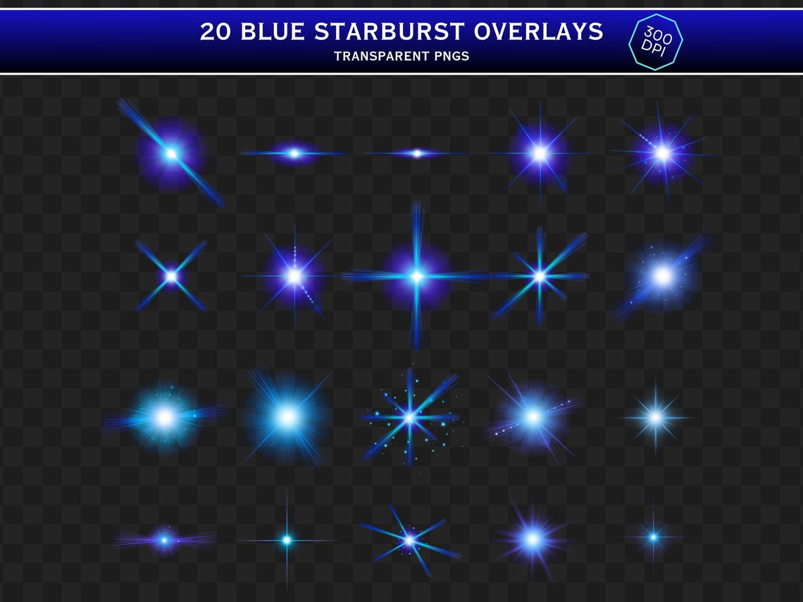 Blue Starburst PNG Overlay Set of 20 Neon Blue Star Clipart Transparent ...