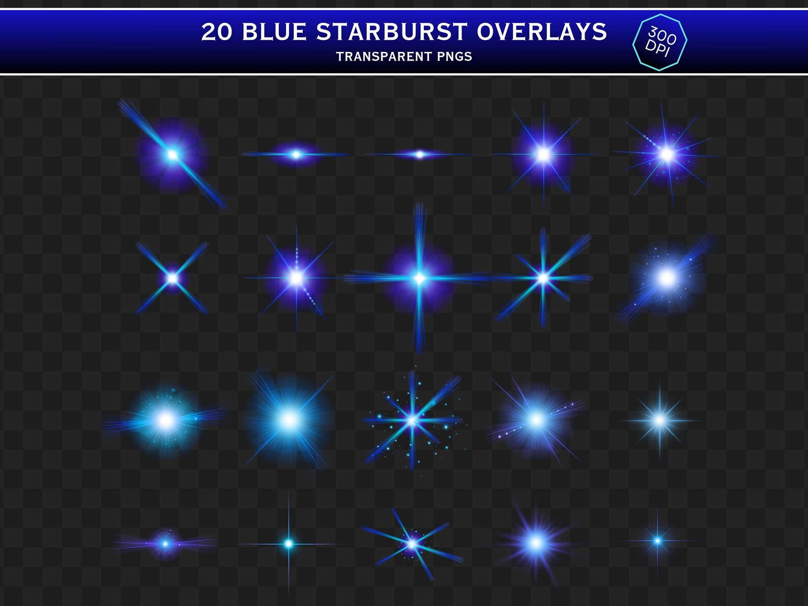 Blue Starburst PNG Overlay, Set of 20 Neon Blue Star Clipart PNG Files ...