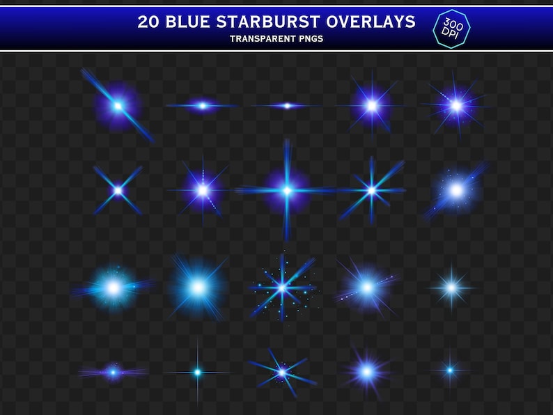 Blue Starburst PNG Overlay, Set of 20 Neon Blue Star Clipart PNG Files ...