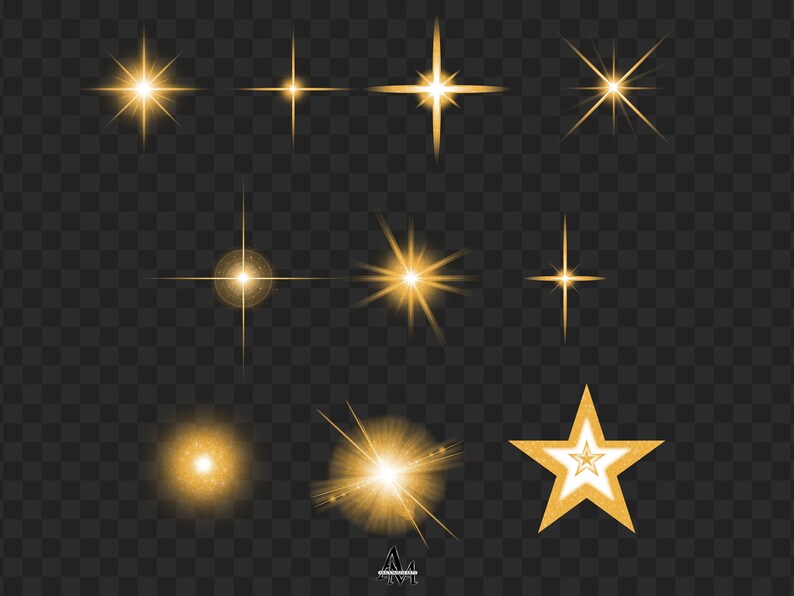Gold Glitter Star Clipart Set of Glowing Sparkle PNG, Yellow Golden ...