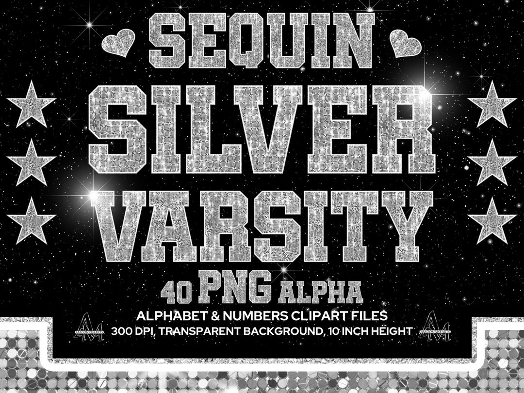 Silver Varsity Alphabet Clipart, Silver Sequin Letter & Number PNG Set ...