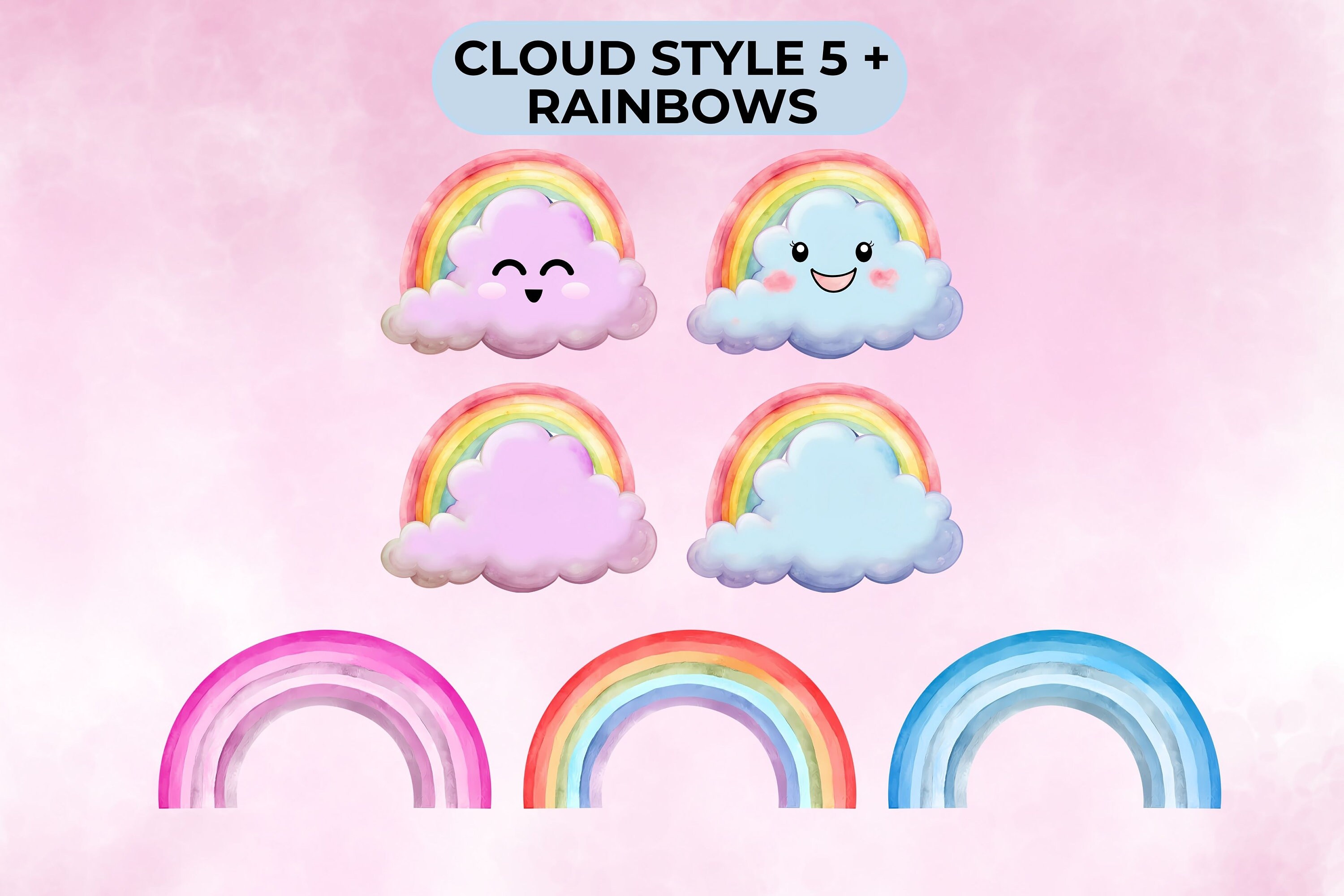 Cute Clouds Clipart, Kawaii Cloud PNG Set of Watercolour Clouds With ...