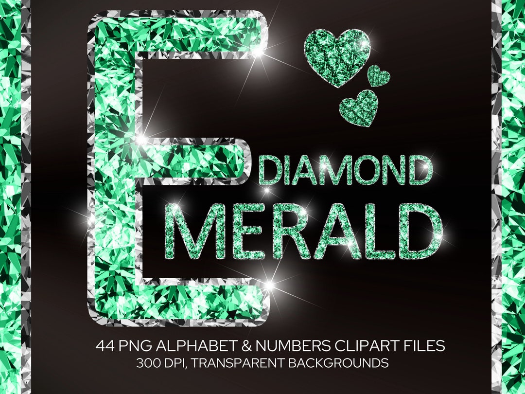 Emerald Green Diamond Alphabet Clipart, Crystal Green Letters and Green Numbers PNG Set, Glitter ...