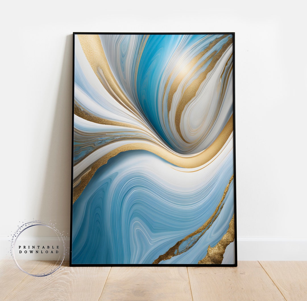 Blue Marble Printable Wall Art, Light Blue & Gold Modern Abstract Art ...
