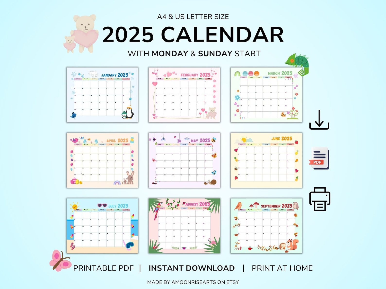 Cute 2025 Calendar Printable, Monthly Calendar 2025, Colourful Fridge ...