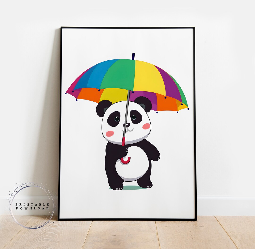 Cute Panda Nursery Wall Art, Panda Print With Colourful Umbrella, Panda ...