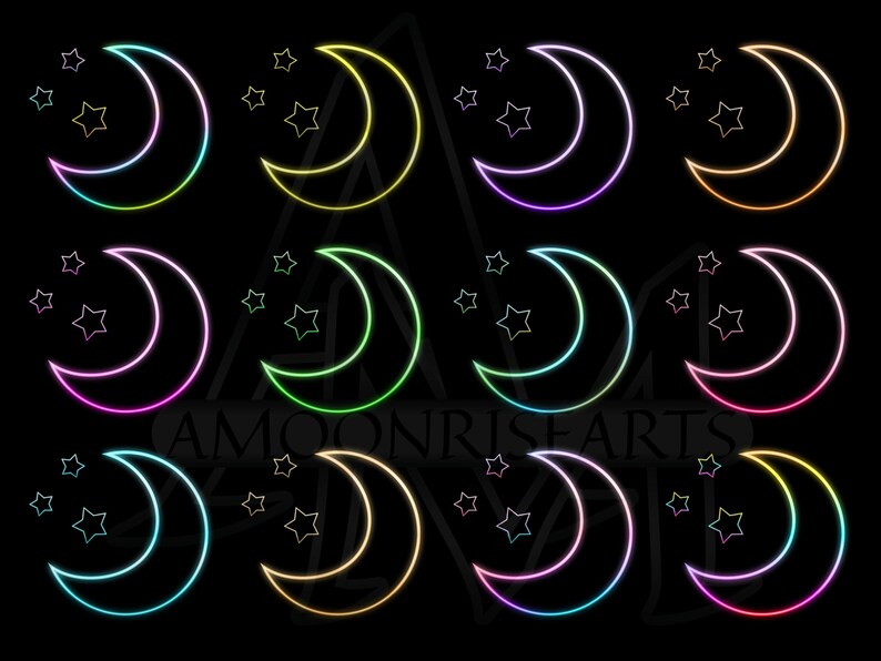 Crescent Moon and Star PNG, Colourful Glowing Moon Clipart, Bright Neon ...