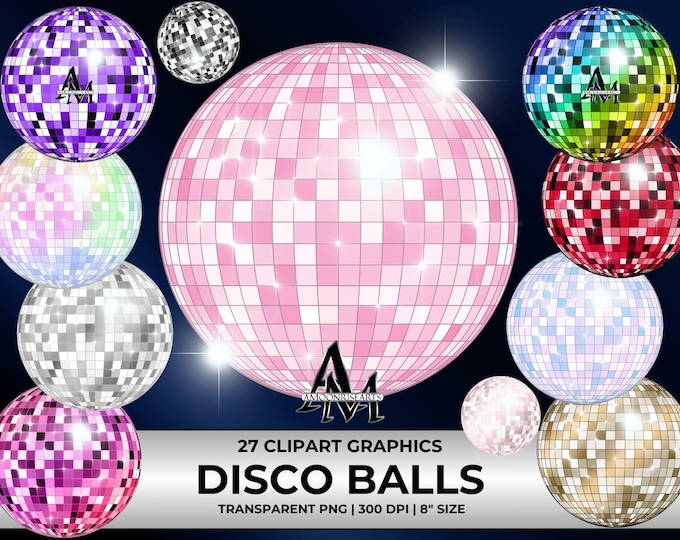 Disco Ball Clipart, Mirror Ball PNG, Set of Colourful Shiny Disco ...
