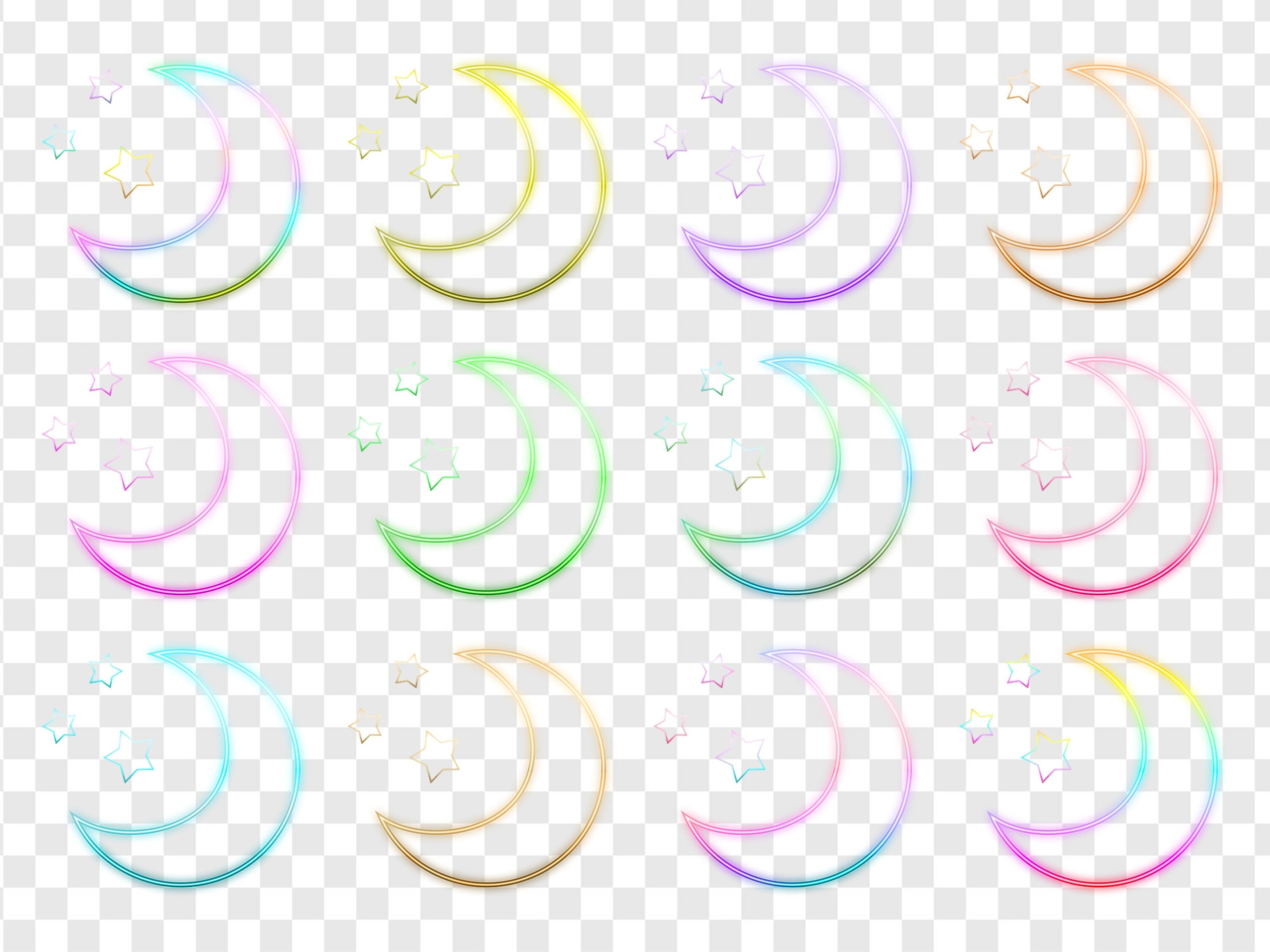 Crescent Moon and Star PNG, Colourful Glowing Moon Clipart, Bright Neon ...