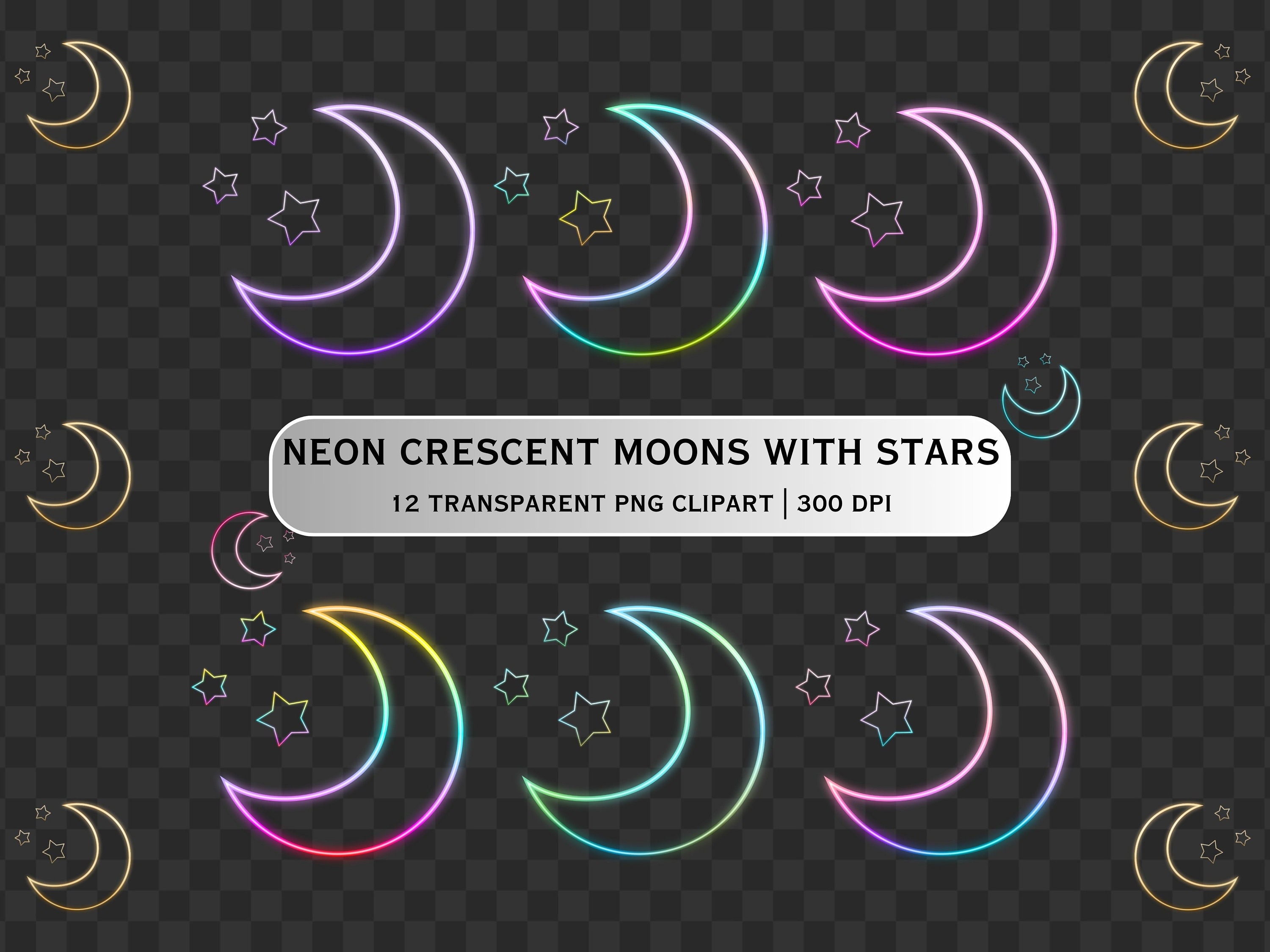 Crescent Moon and Star PNG, Colourful Glowing Moon Clipart, Bright Neon ...