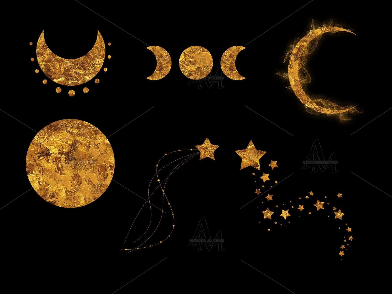 Gold Celestial Clipart, Gold Cosmic Clip Art, Golden Mystical Elements ...