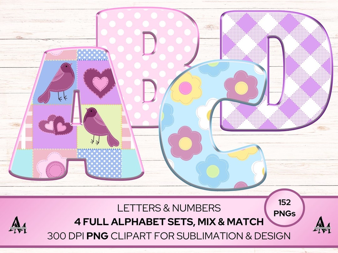 Cute Alphabet Clipart PNG Set of 4 Girly Doodle Letters & Numbers ...