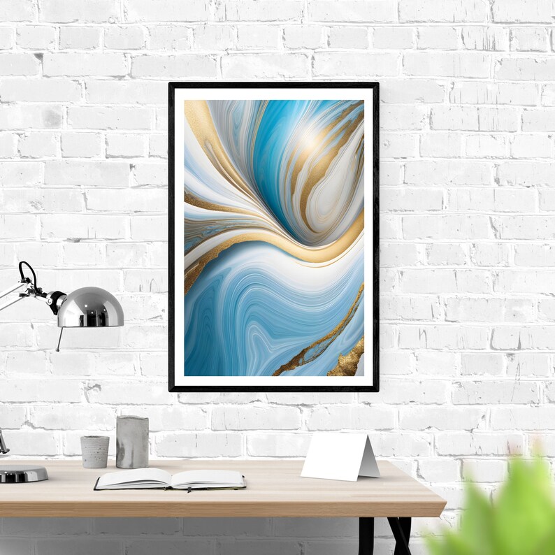 Blue Marble Printable Wall Art, Light Blue & Gold Modern Abstract Art ...