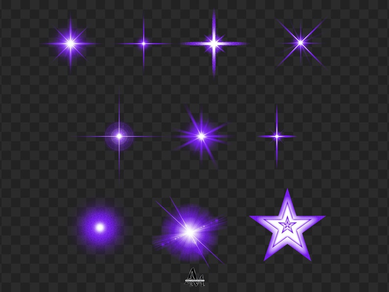 Purple Glitter Star Clipart Set of Glowing Sparkle PNG, Neon Purple ...