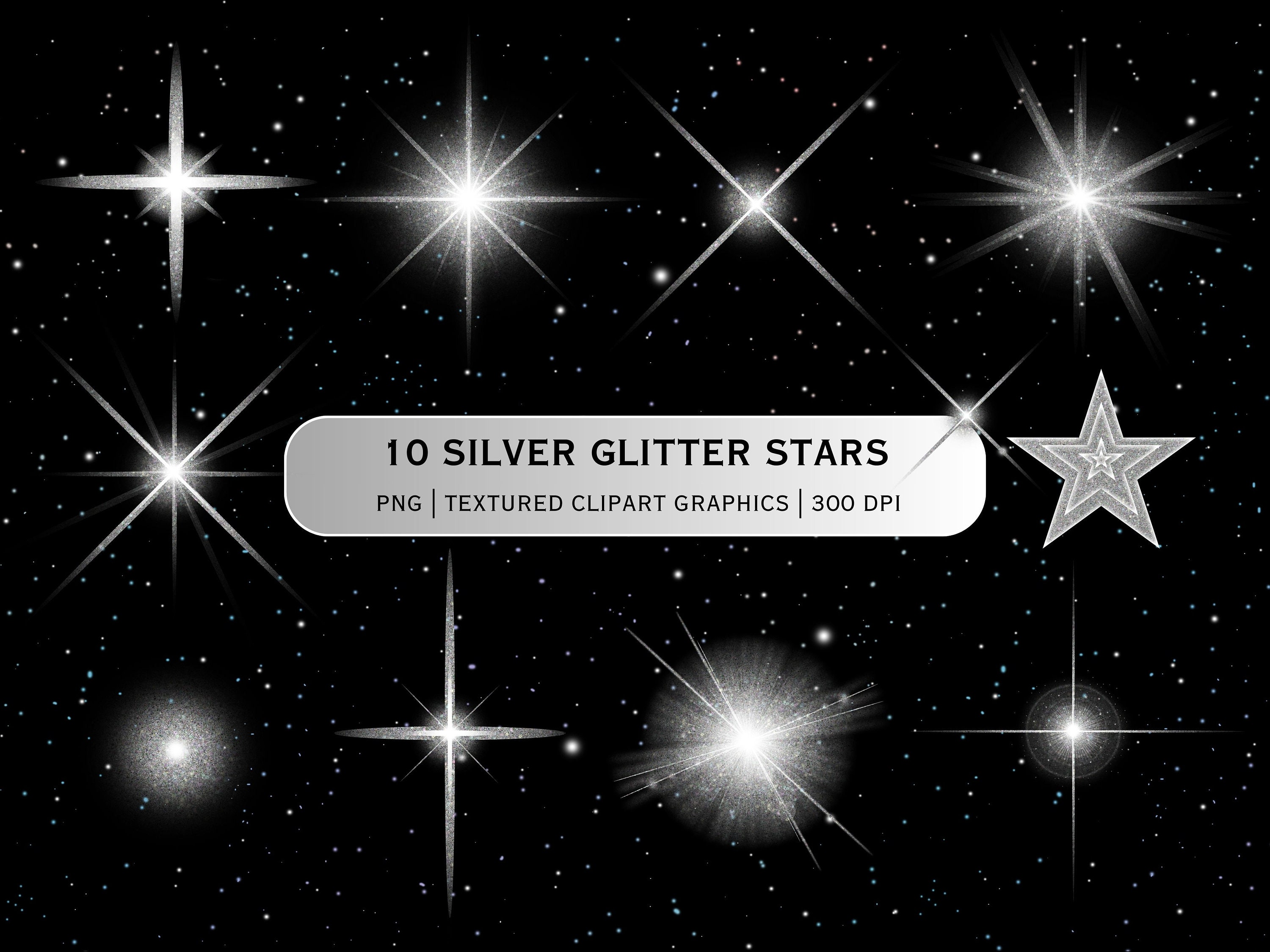 Silver Glitter Star Clipart Set of Glowing Sparkle PNG, Silver White ...