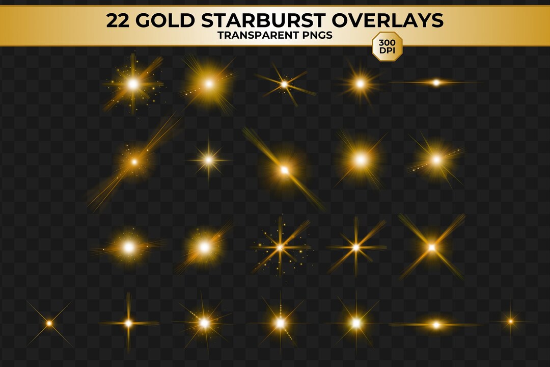 Gold Starburst PNG Overlay - Set of 22 Bright Gold Star Clipart ...