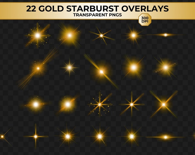 Gold Starburst PNG Overlay - Set of 22 Bright Gold Star Clipart ...