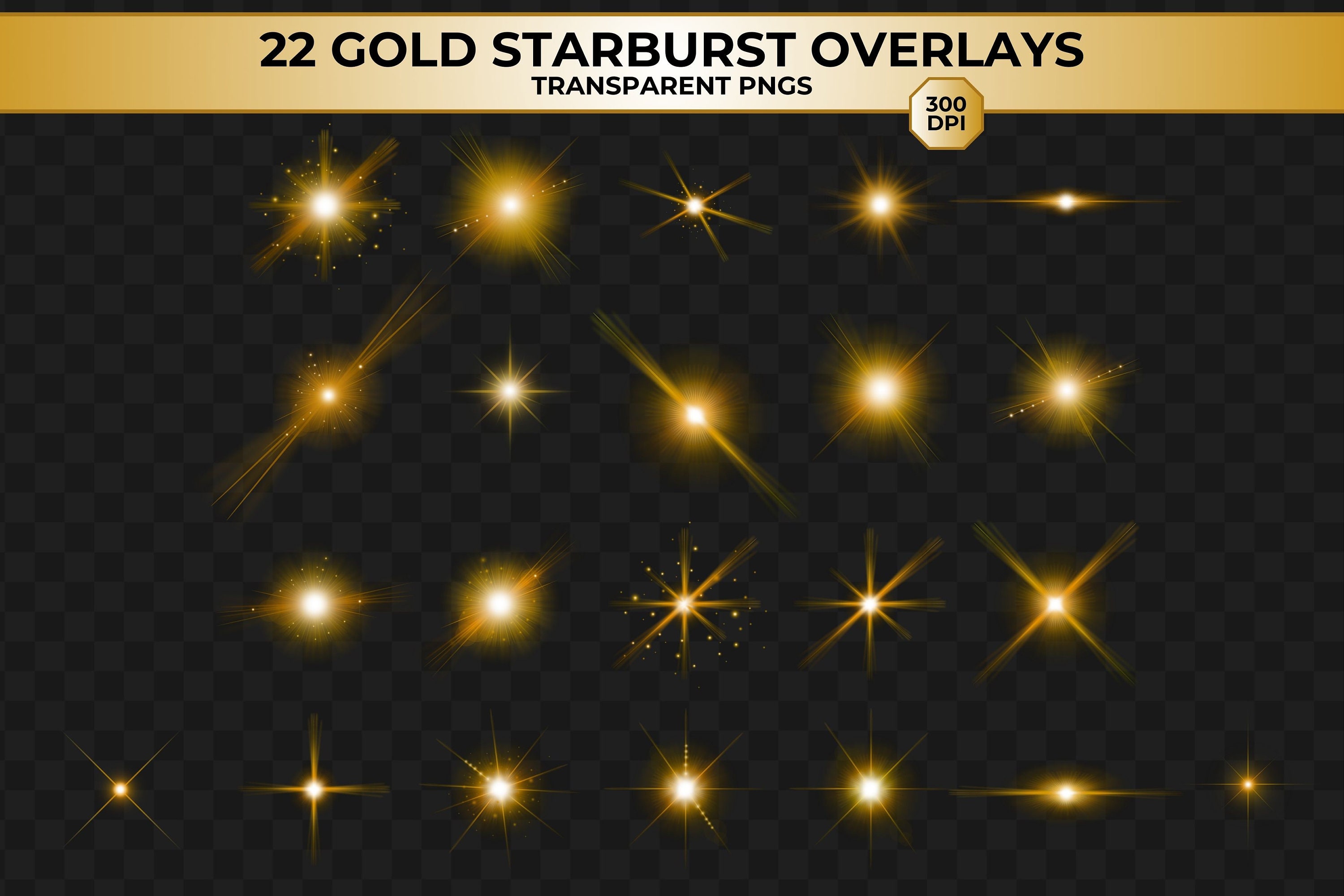 Gold Starburst PNG Overlay - Set of 22 Bright Gold Star Clipart ...