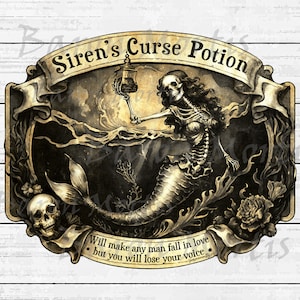 Siren's Curse Potion Label: Vintage Mermaid Skeleton Art (digital ...