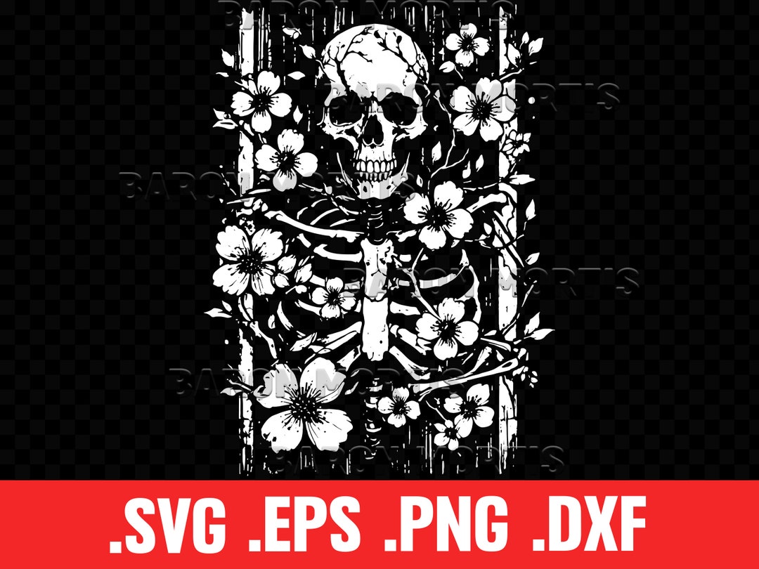 Sakura Flower Skeleton Vector, Floral Skeleton SVG, Grunge Skull Flower ...