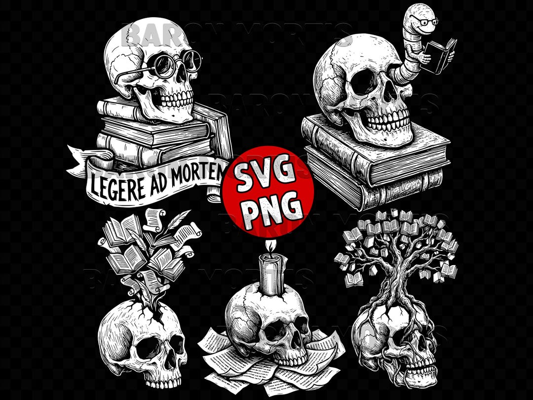 Gothic Book Lover Skull Vector Clipart, Librarian Tattoo Design (SVG ...
