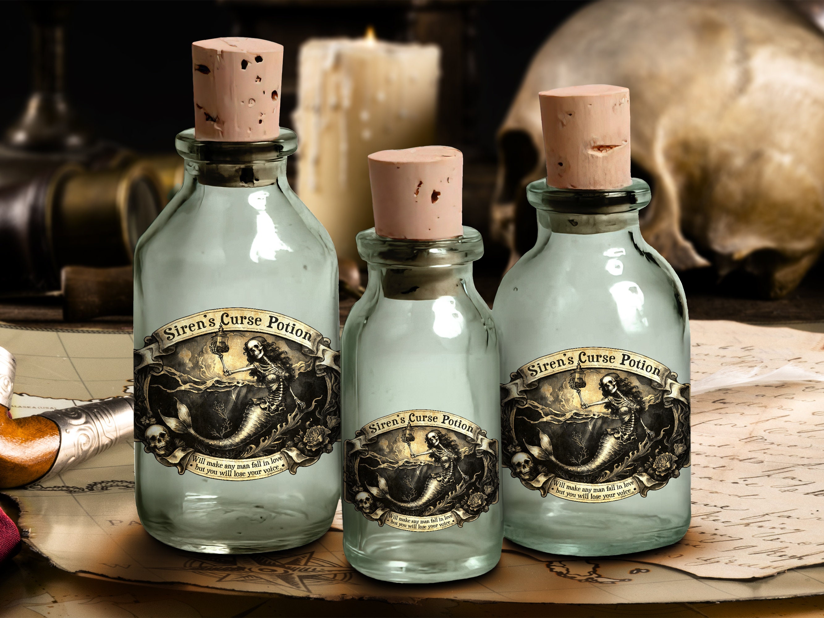Siren's Curse Potion Label: Vintage Mermaid Skeleton Art, Printable ...