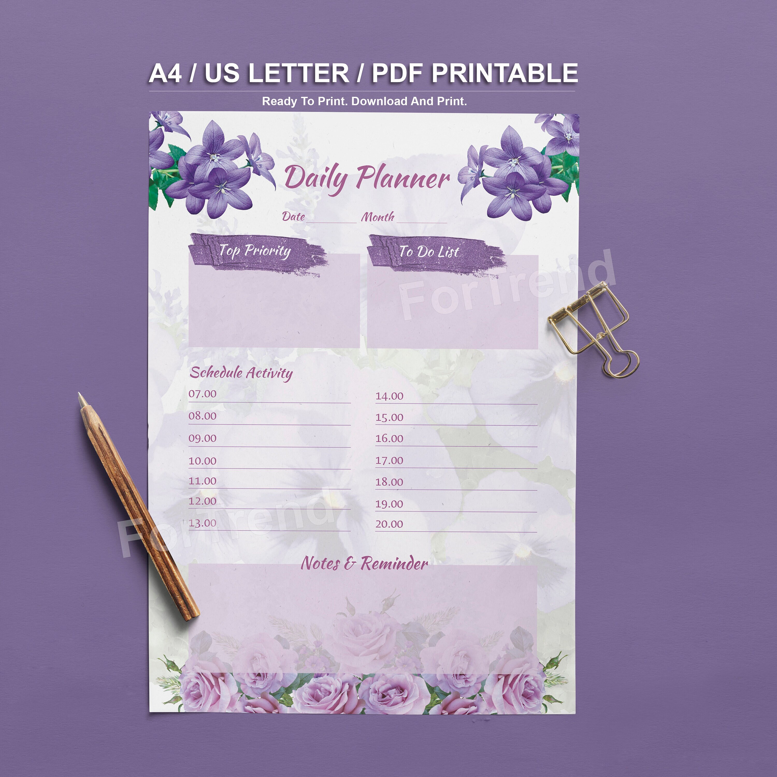 Purple Floral Daily Planner List Printable | Simple Tasks List Template ...