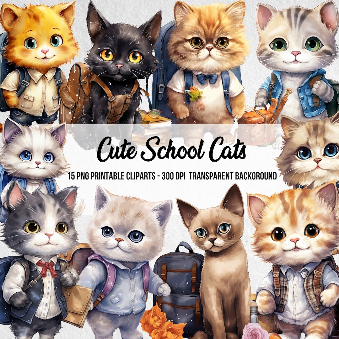 PNG Watercolor School Cats Clipart,back to School Bundle,school Animals ...