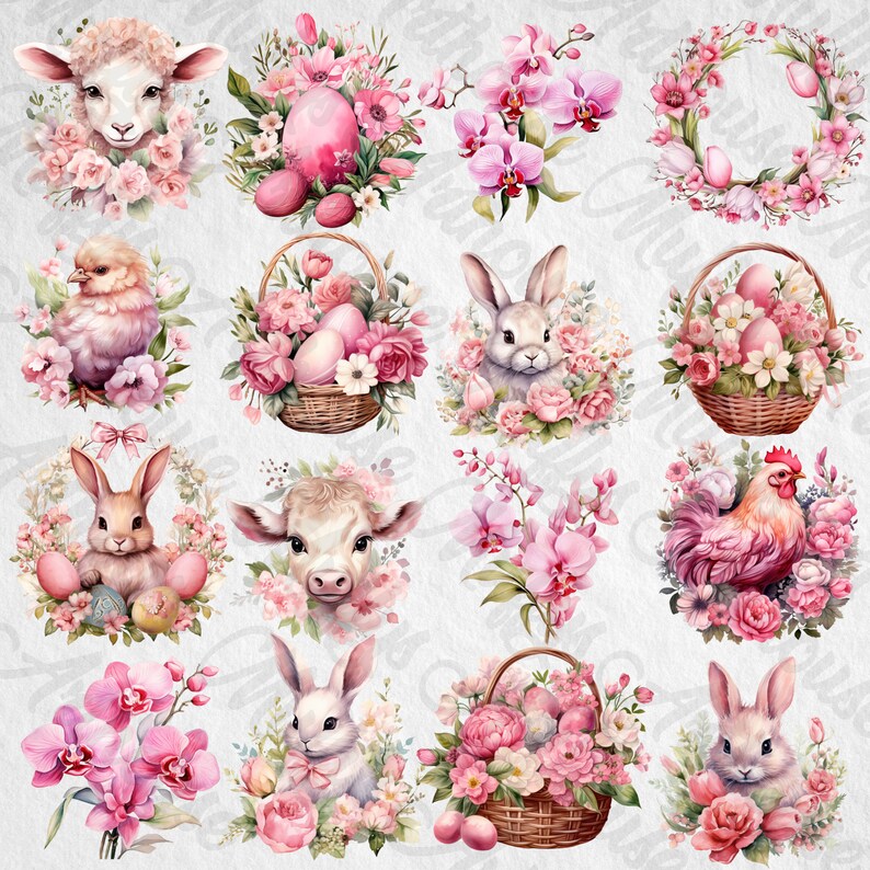 Pink Easter Clipart Bundle: Bunny, Floral PNG (digital Download) - Etsy