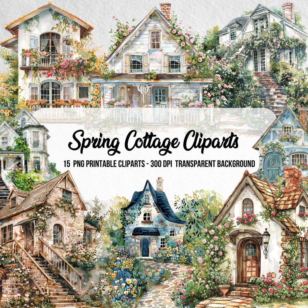 15 Spring Cottage Cliparts,watercolor Effect,card Making Kit,scrapbook ...