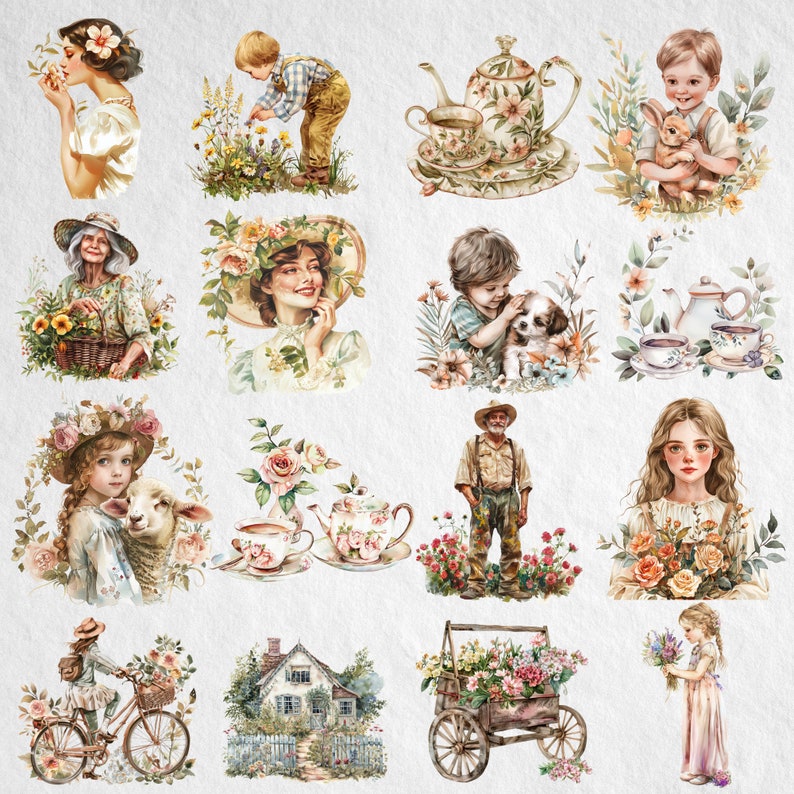 Vintage Spring Cliparts, Watercolor Style, Card Making (digital ...