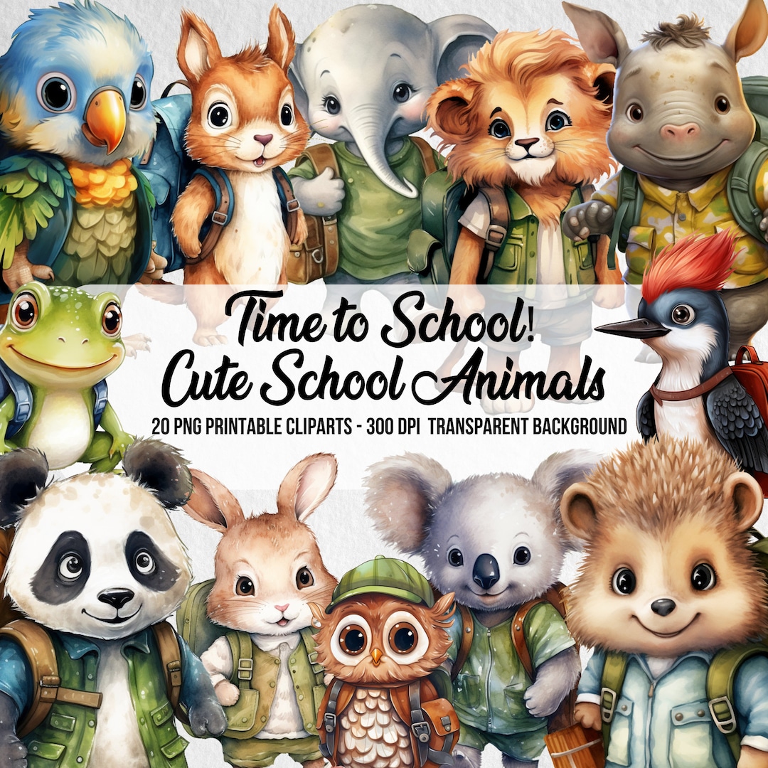 PNG Watercolor School Forest Animals Clipart,back to School Bundle ...