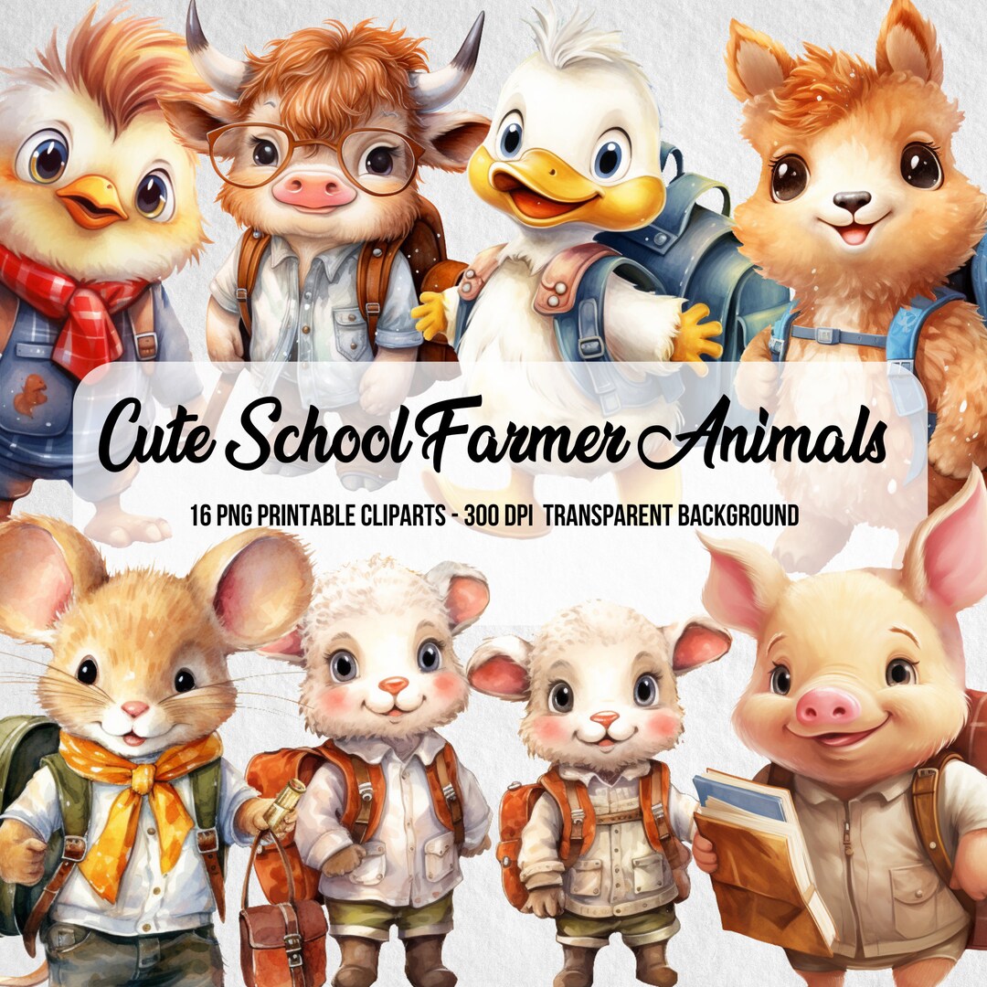 PNG Watercolor School Farmer Animals Clipart,back to School Bundle ...