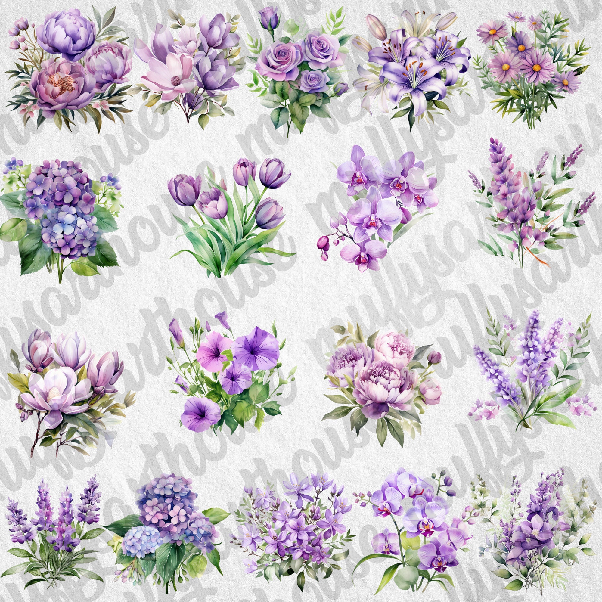 Watercolor Lilac Floral Clipart Bundle, Scrapbook Graphics (digital ...