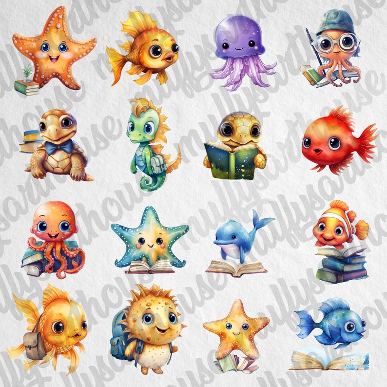 Sea Animals Clipart Bundle, Watercolor PNG Graphics (digital Download ...