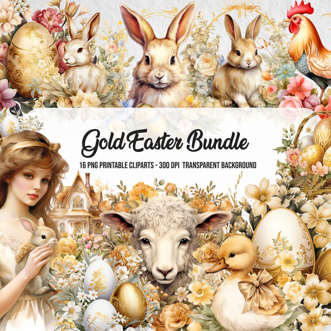 16 Gold Easter Clipart Bundle,gold Image Png,digital Gold Bunny,gold ...